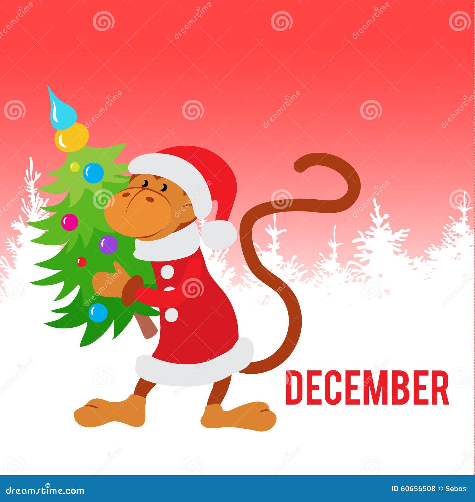 Funny Monkey Dressed As Santa Claus with Christmas Tree Stock Vector ...
