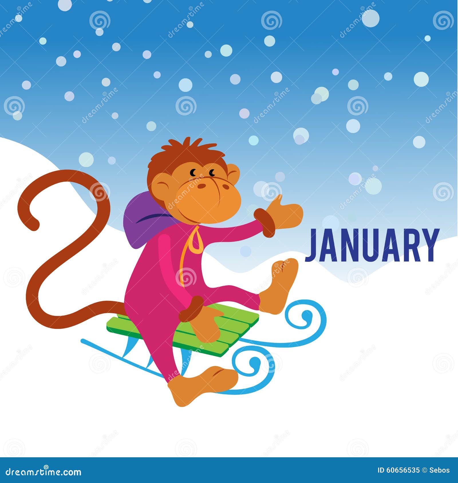 Funny Monkey Sledding in Snow Stock Vector - Illustration of monkey ...