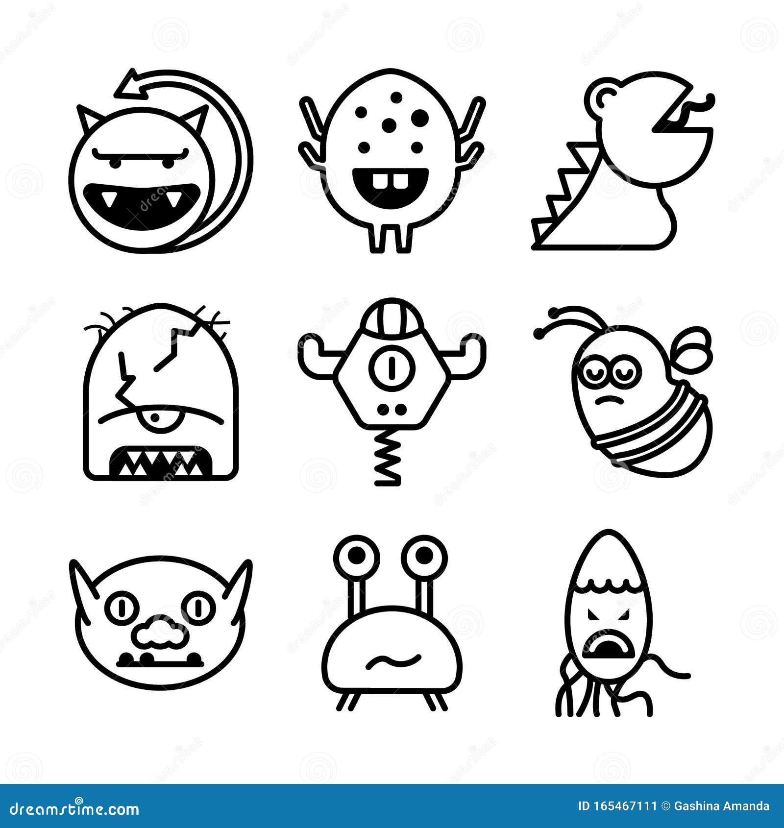 Funny monster icons set stock vector. Illustration of smile - 165467111