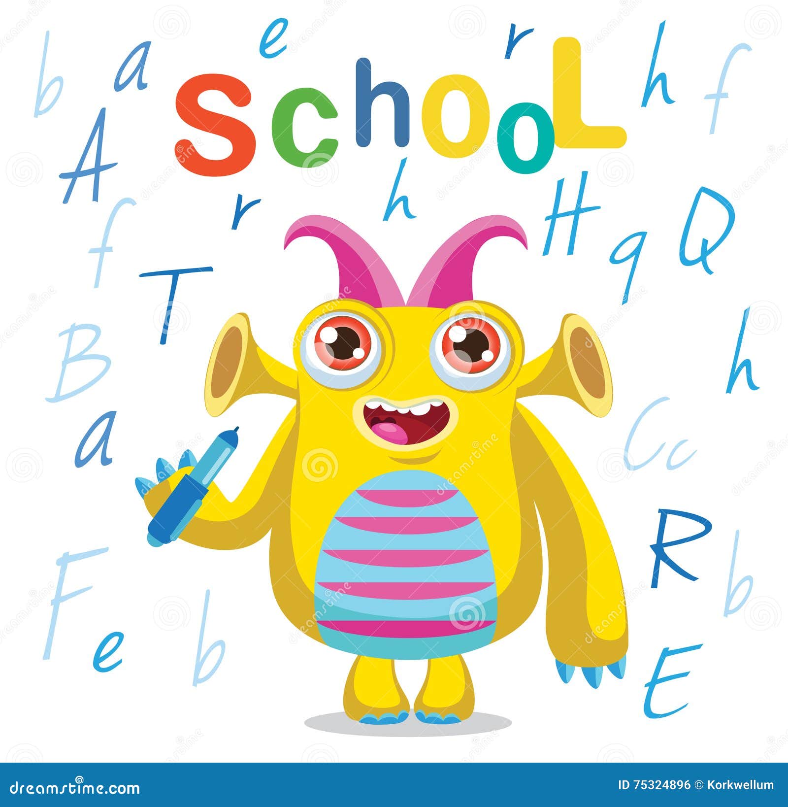Funny Monster and Text School on a White Background. Cartoon Vector ...
