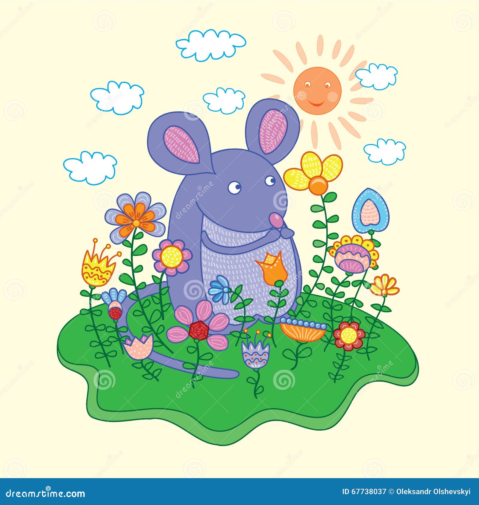 Funny mouse with flowers. stock vector. Illustration of drawn - 67738037