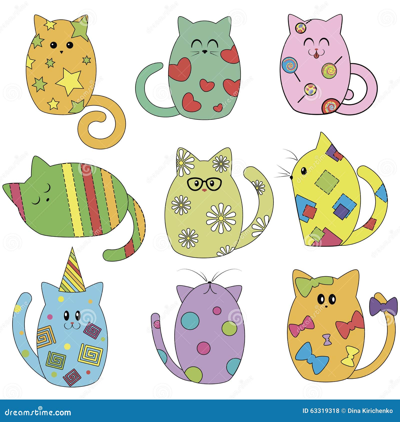 Funny Multicolor Tabby Cat Set. Wax Crayon Like Child`s Hand Drawn Cute ...