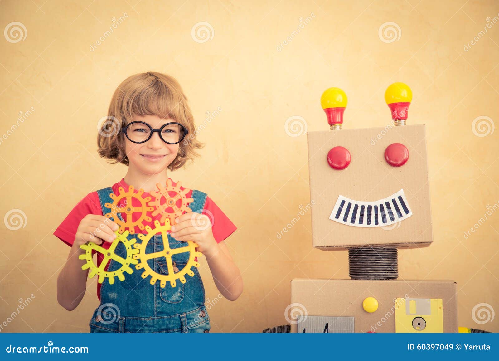 Funny Nerd Child with Toy Robot Stock Image - Image of imagination ...