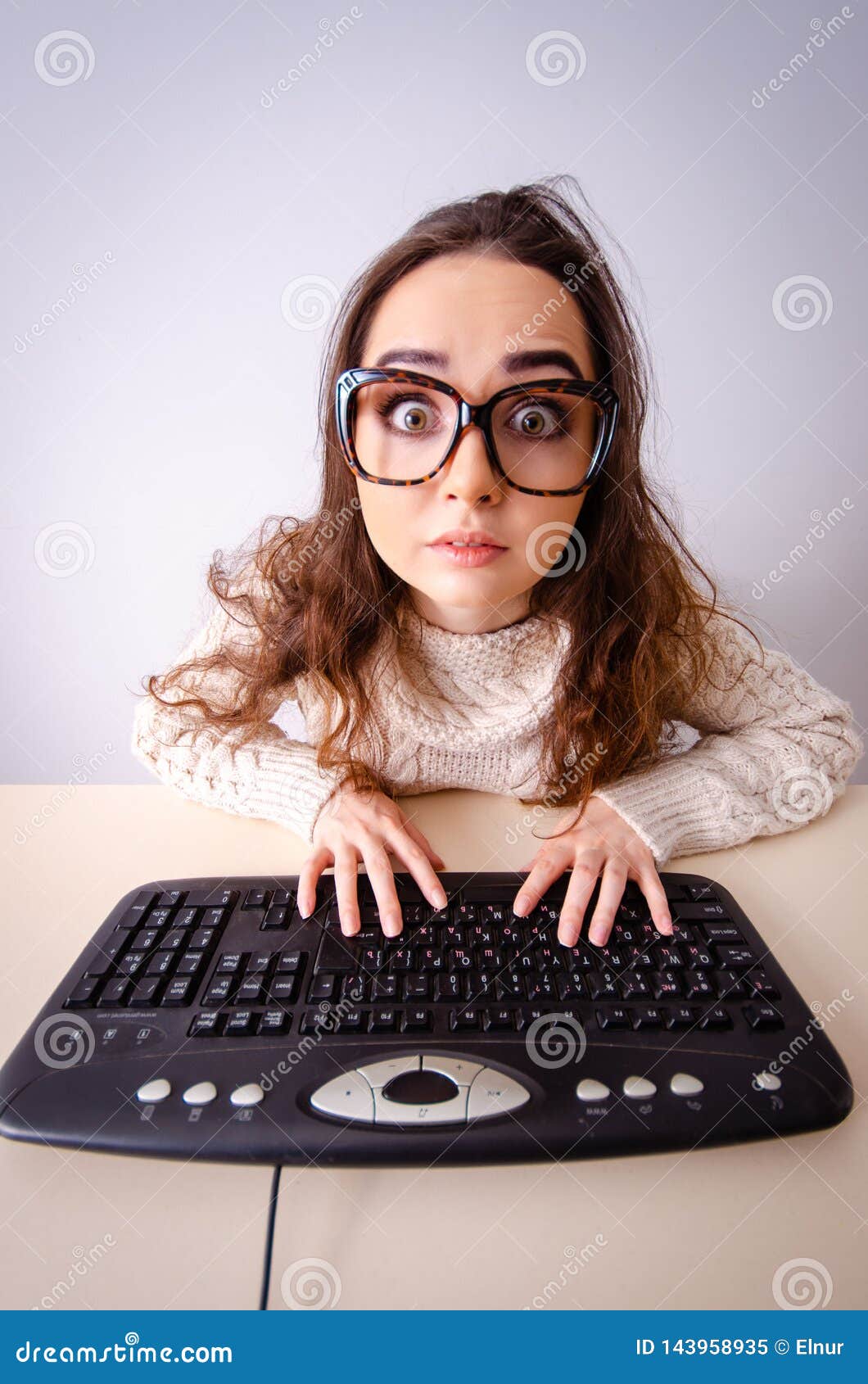 The Funny Nerd Girl Working on Computer Stock Image - Image of computer ...