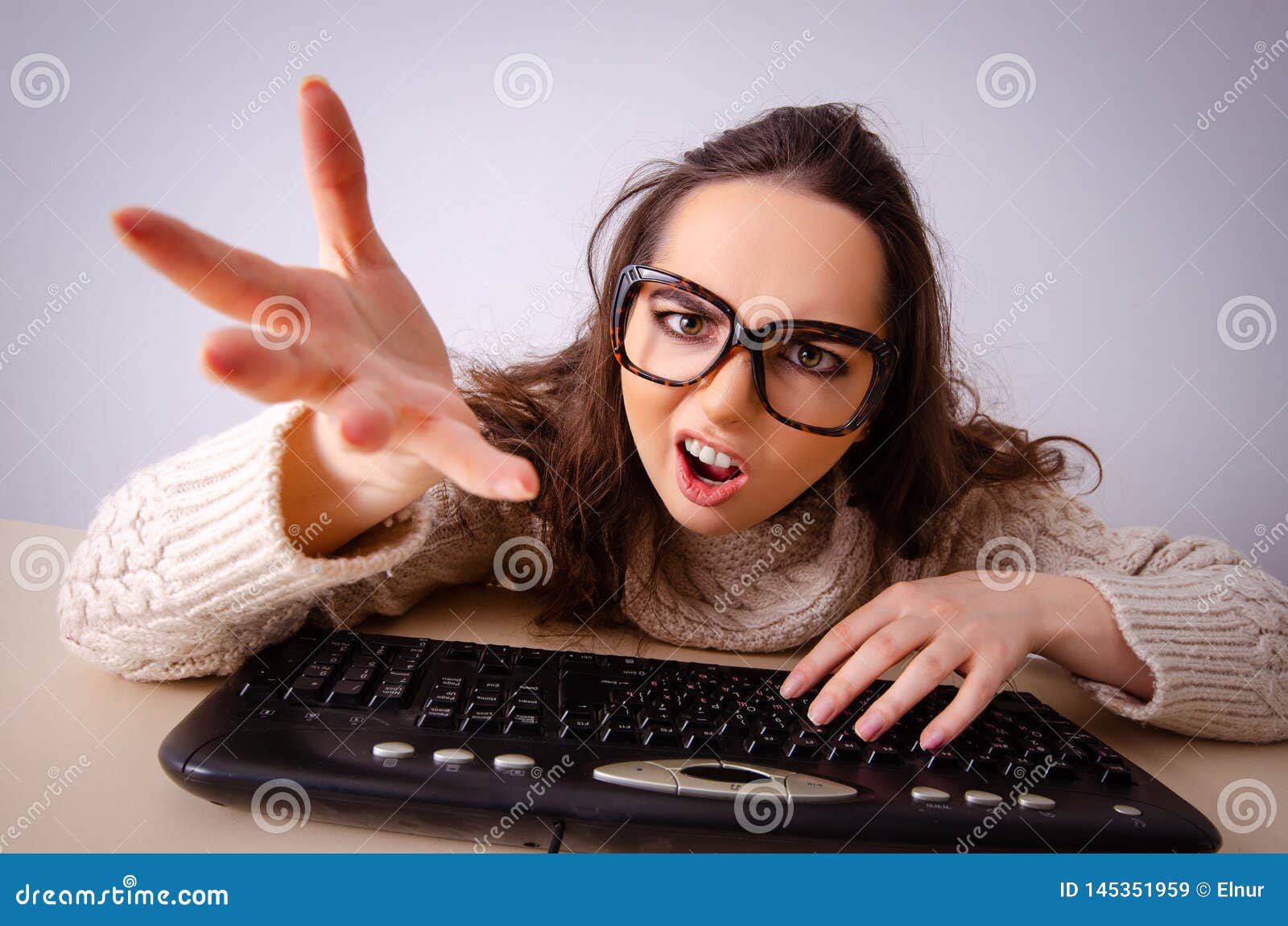 The Funny Nerd Girl Working on Computer Stock Image - Image of addict ...