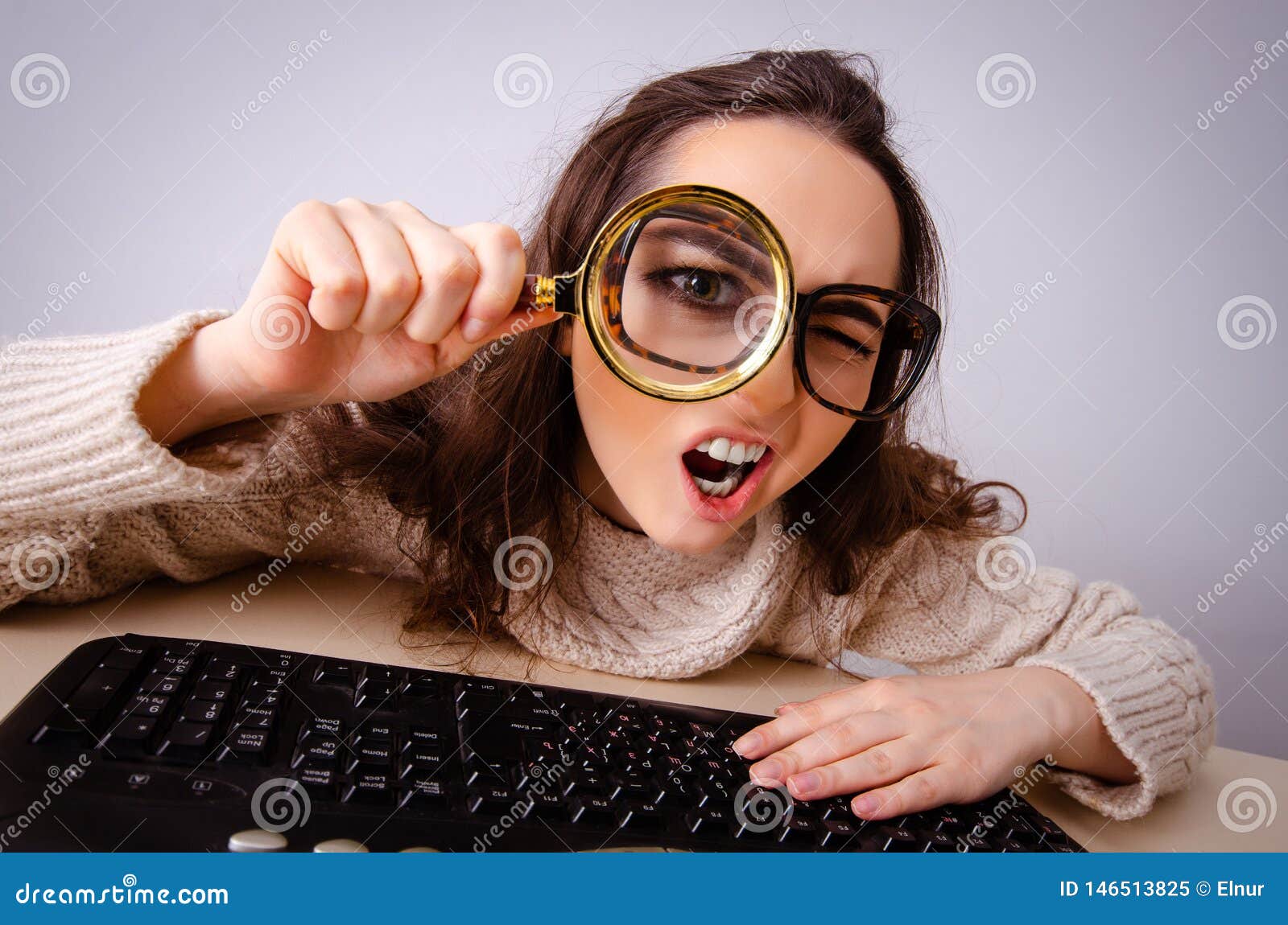 The Funny Nerd Girl Working on Computer Stock Image - Image of addicted ...