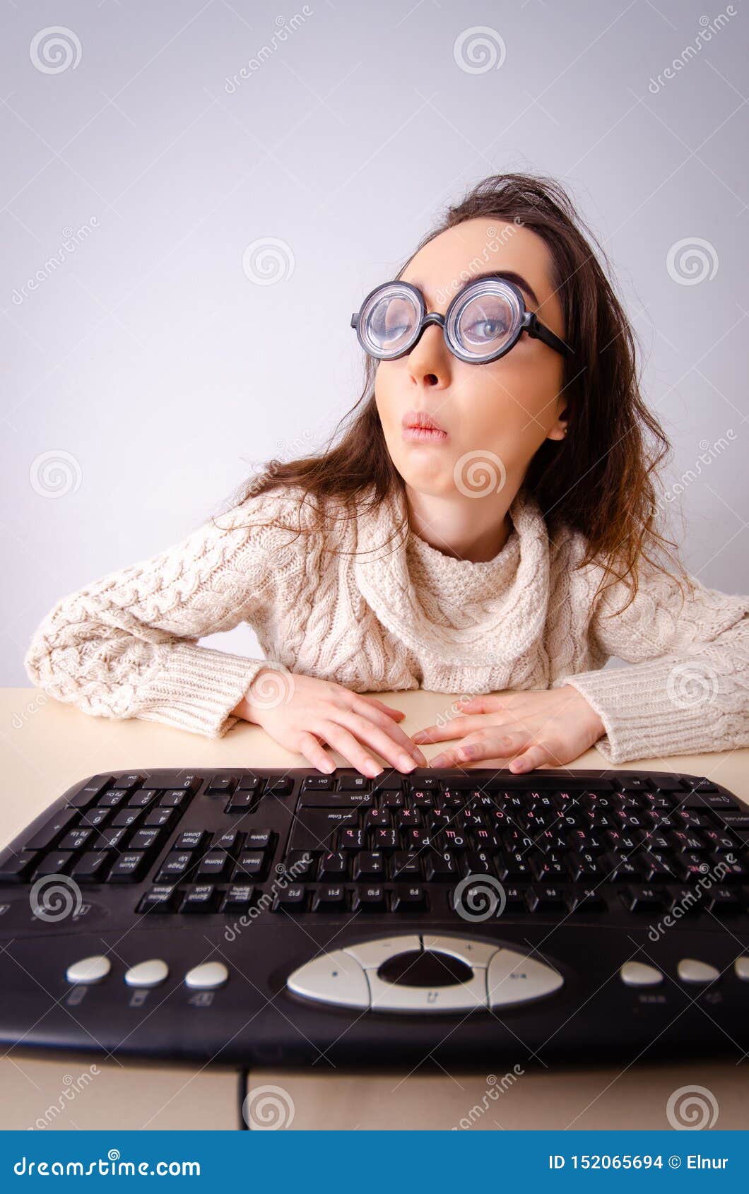 Funny Nerd Girl Working on Computer Stock Photo - Image of information ...