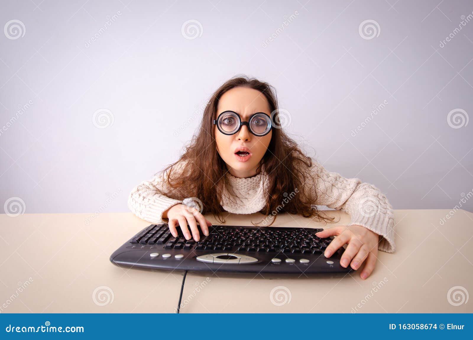 Funny Nerd Girl Working on Computer Stock Photo - Image of computer ...