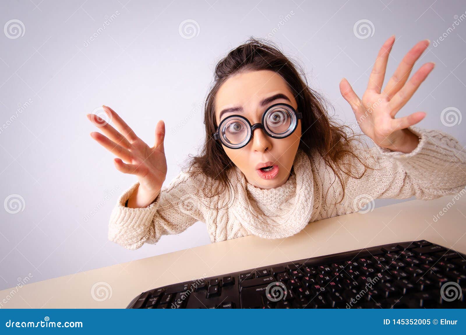 The Funny Nerd Girl Working on Computer Stock Image - Image of ...