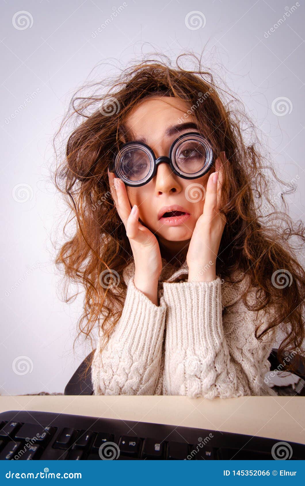 The Funny Nerd Girl Working on Computer Stock Photo - Image of female ...