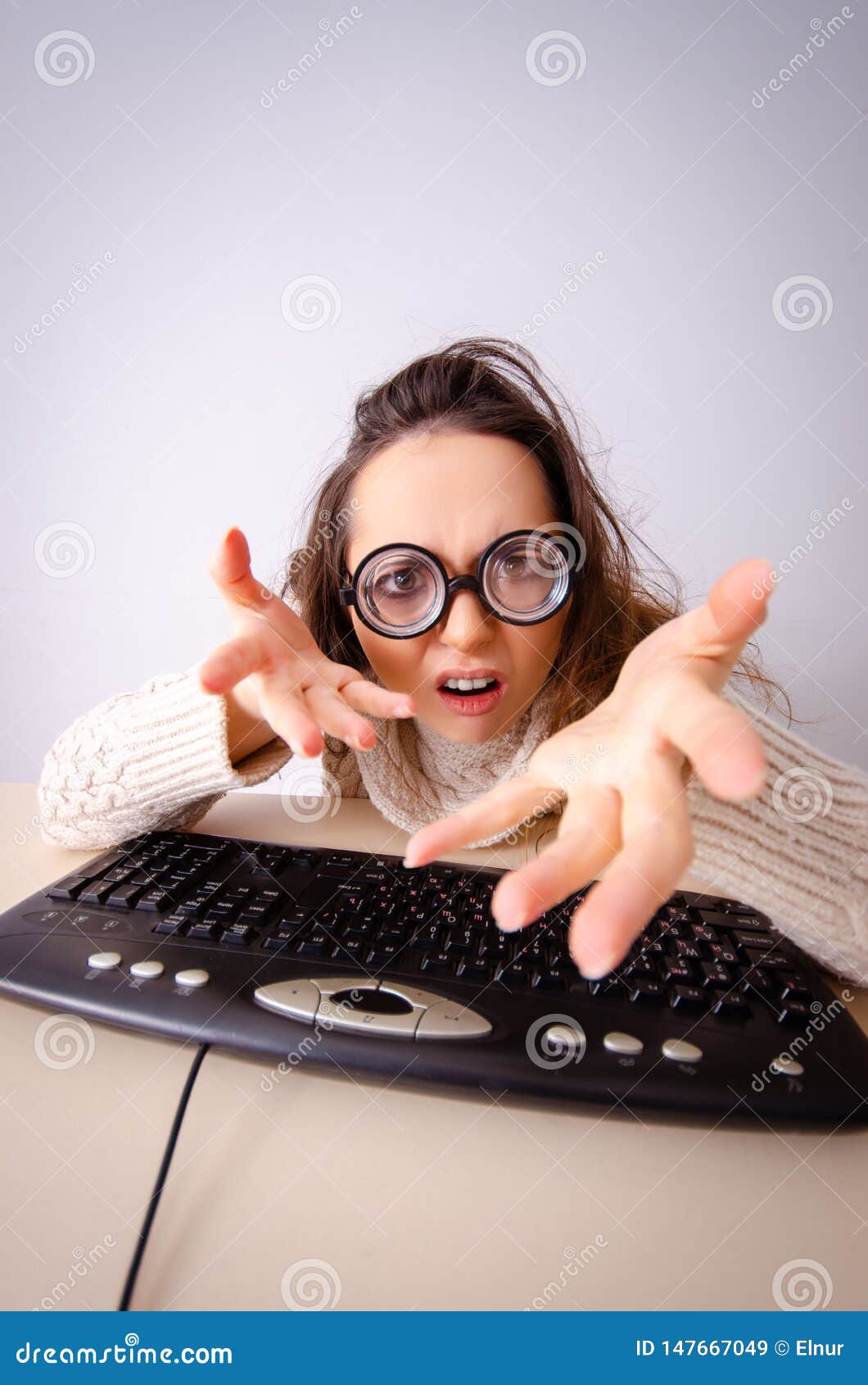 The Funny Nerd Girl Working on Computer Stock Image - Image of humorous ...