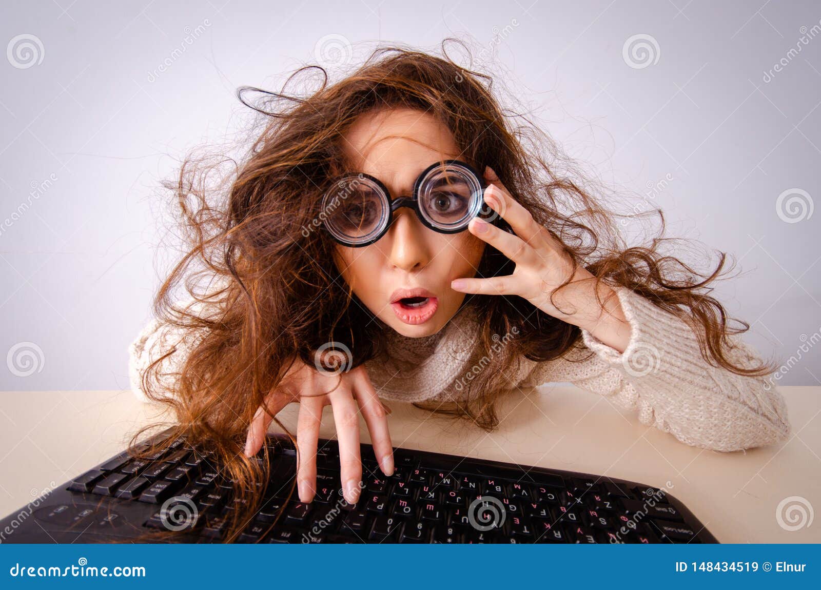 The Funny Nerd Girl Working on Computer Stock Image - Image of comic ...