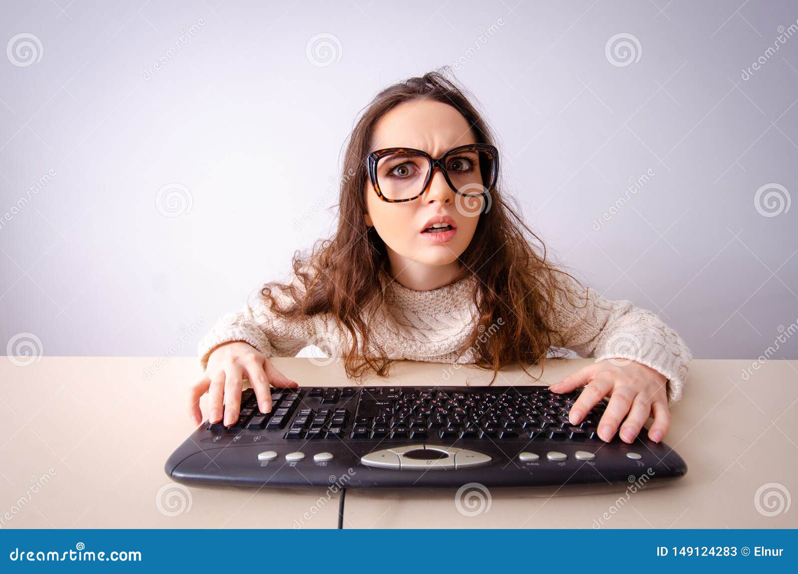 The Funny Nerd Girl Working on Computer Stock Image - Image of geek ...