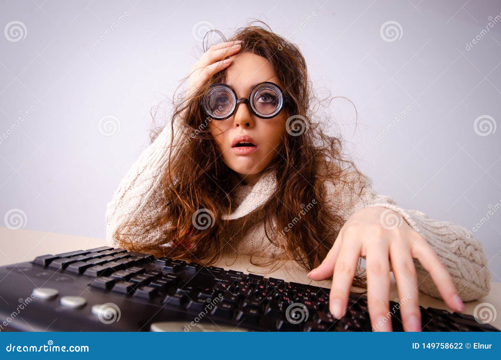 Funny Nerd Girl Working on Computer Stock Photo - Image of computer ...