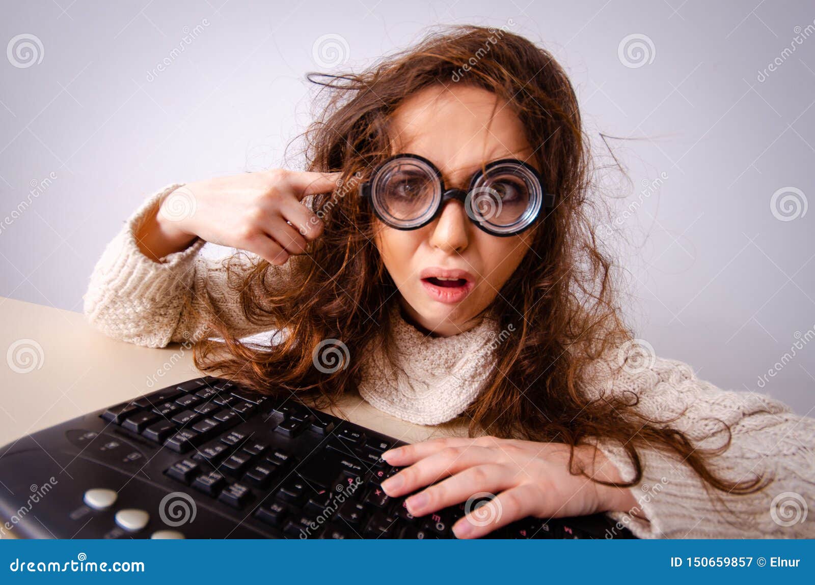 The Funny Nerd Girl Working on Computer Stock Image - Image of attack ...