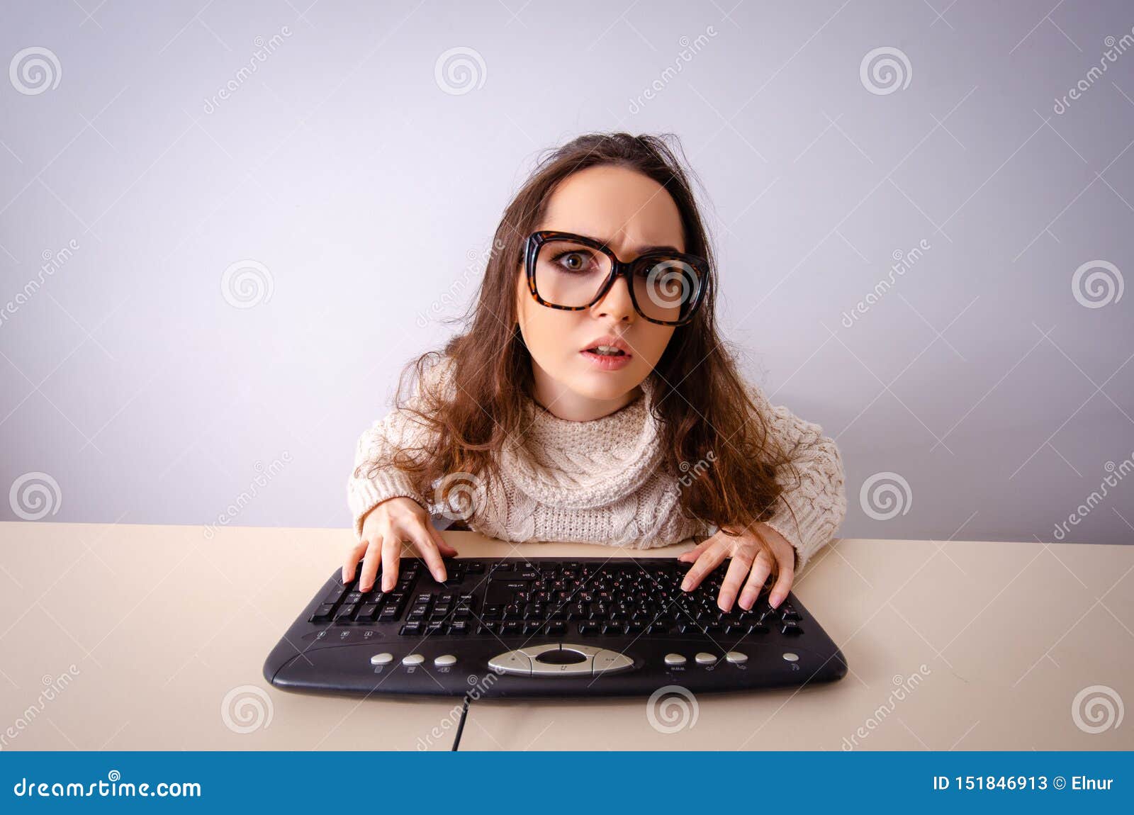Funny Nerd Girl Working on Computer Stock Image - Image of frightened ...
