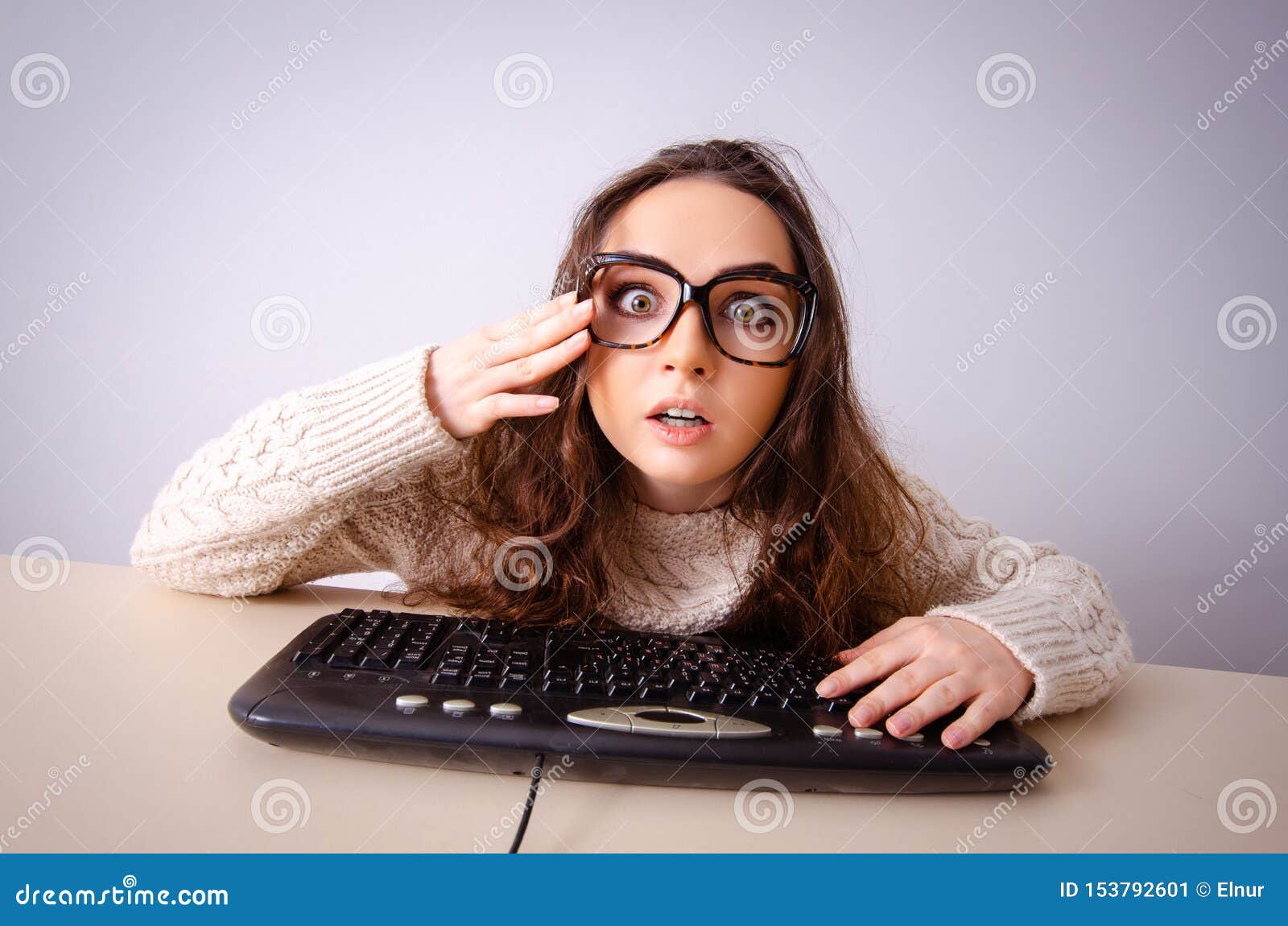 Funny Nerd Girl Working on Computer Stock Image - Image of frightened ...