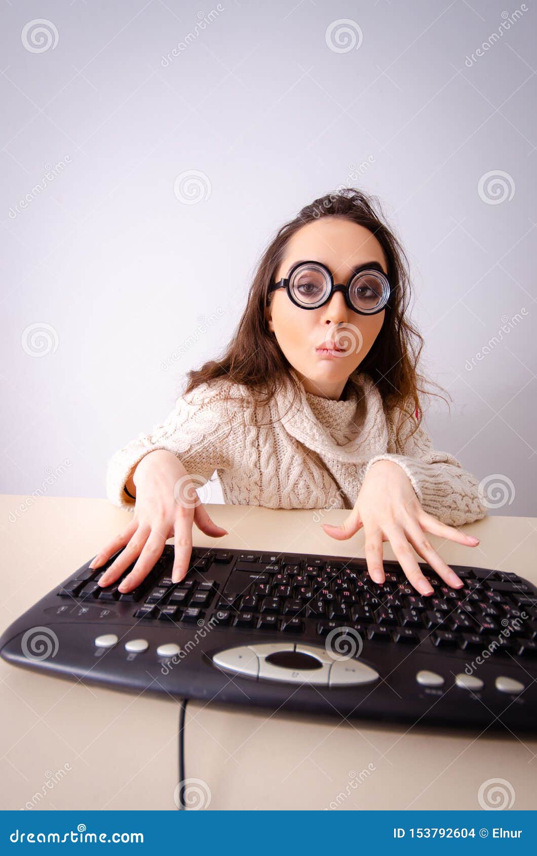 Funny Nerd Girl Working on Computer Stock Photo - Image of information ...