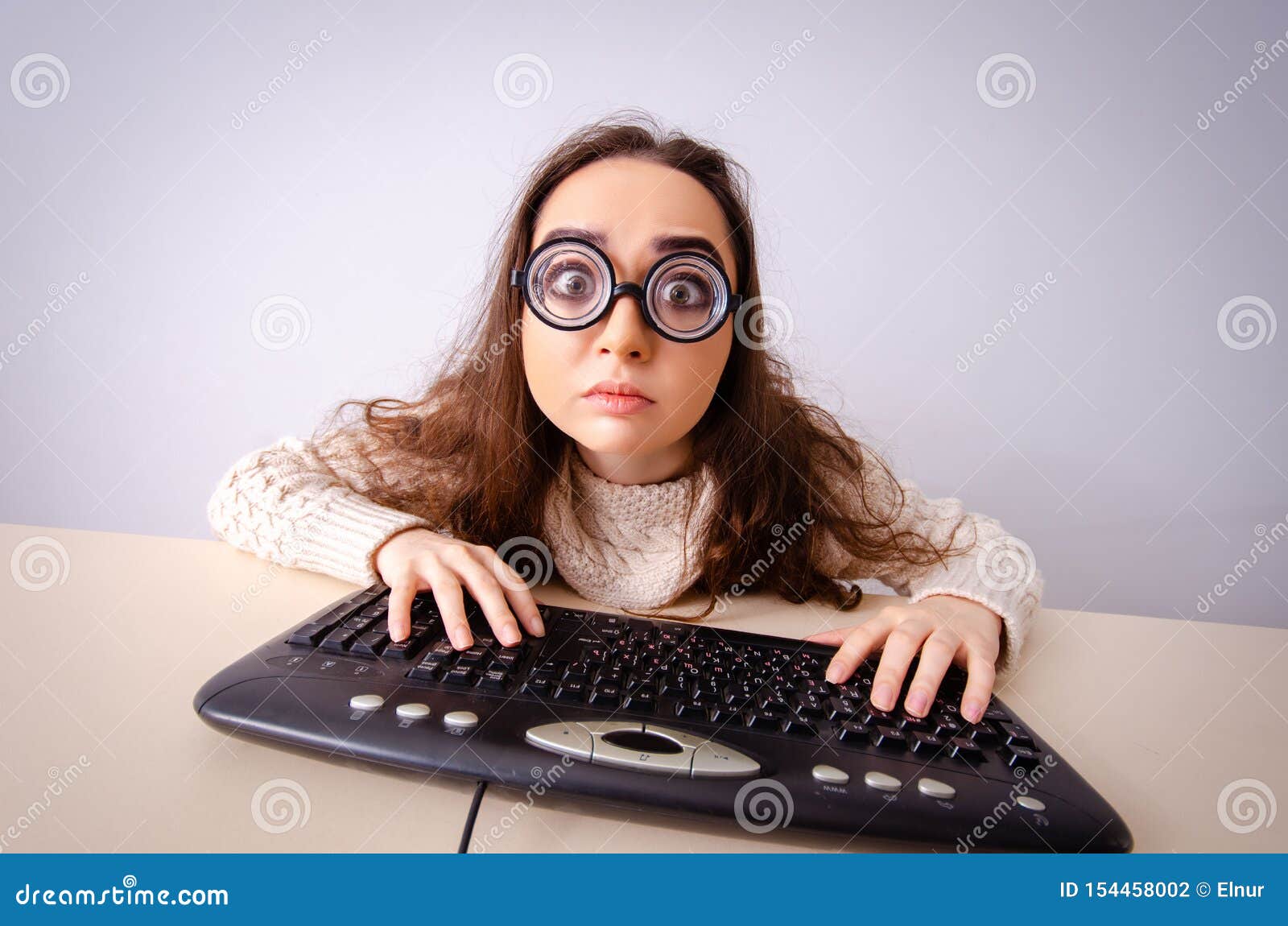 Funny Nerd Girl Working on Computer Stock Photo - Image of addict ...