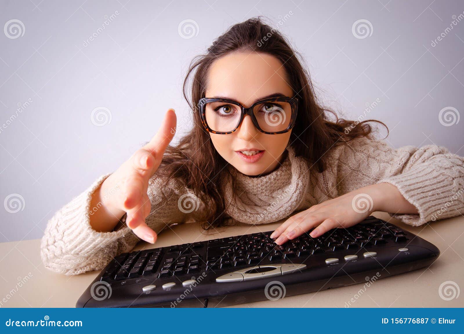 Funny Nerd Girl Working on Computer Stock Image - Image of female ...