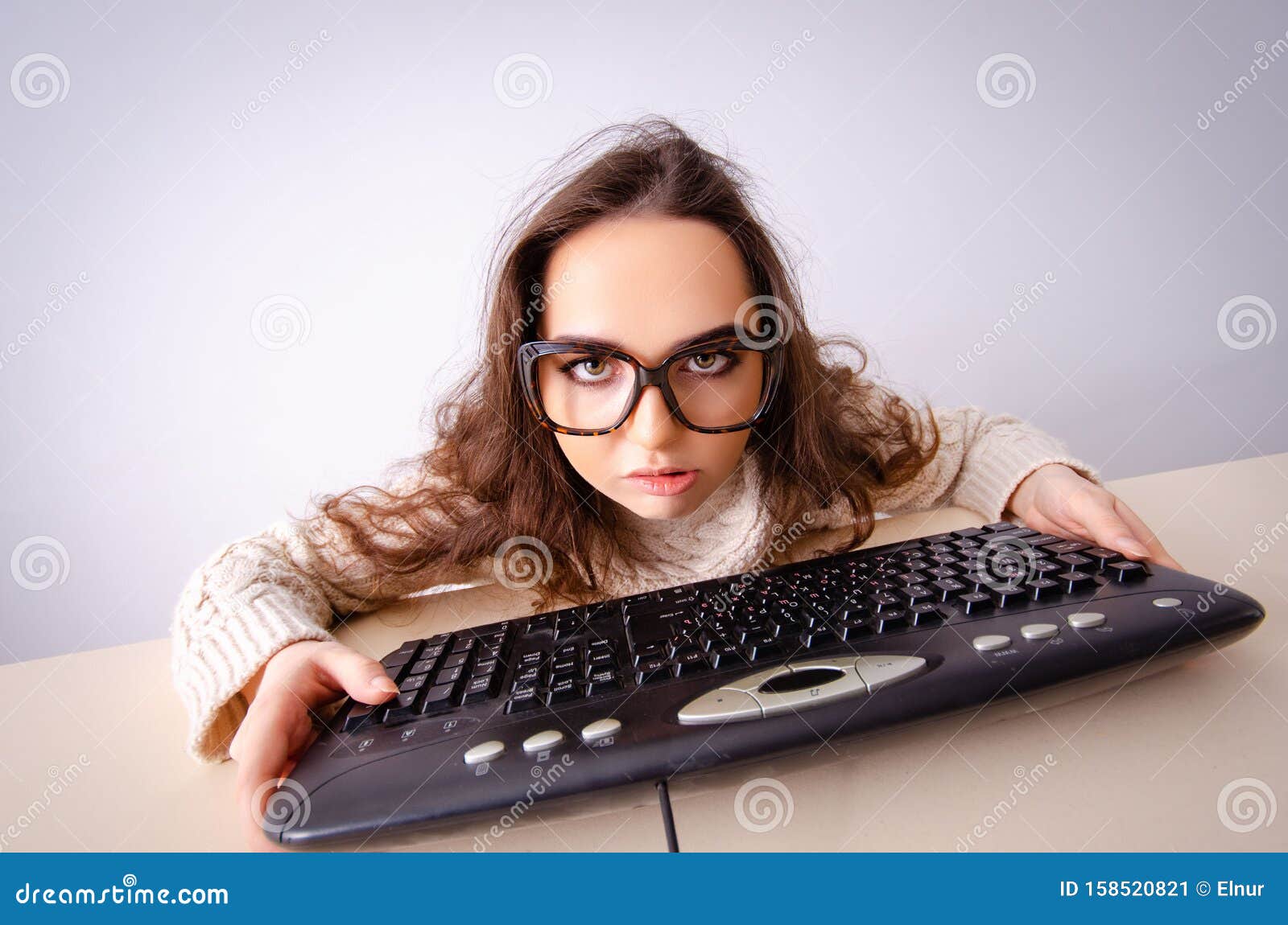 Funny Nerd Girl Working on Computer Stock Image - Image of goofy ...