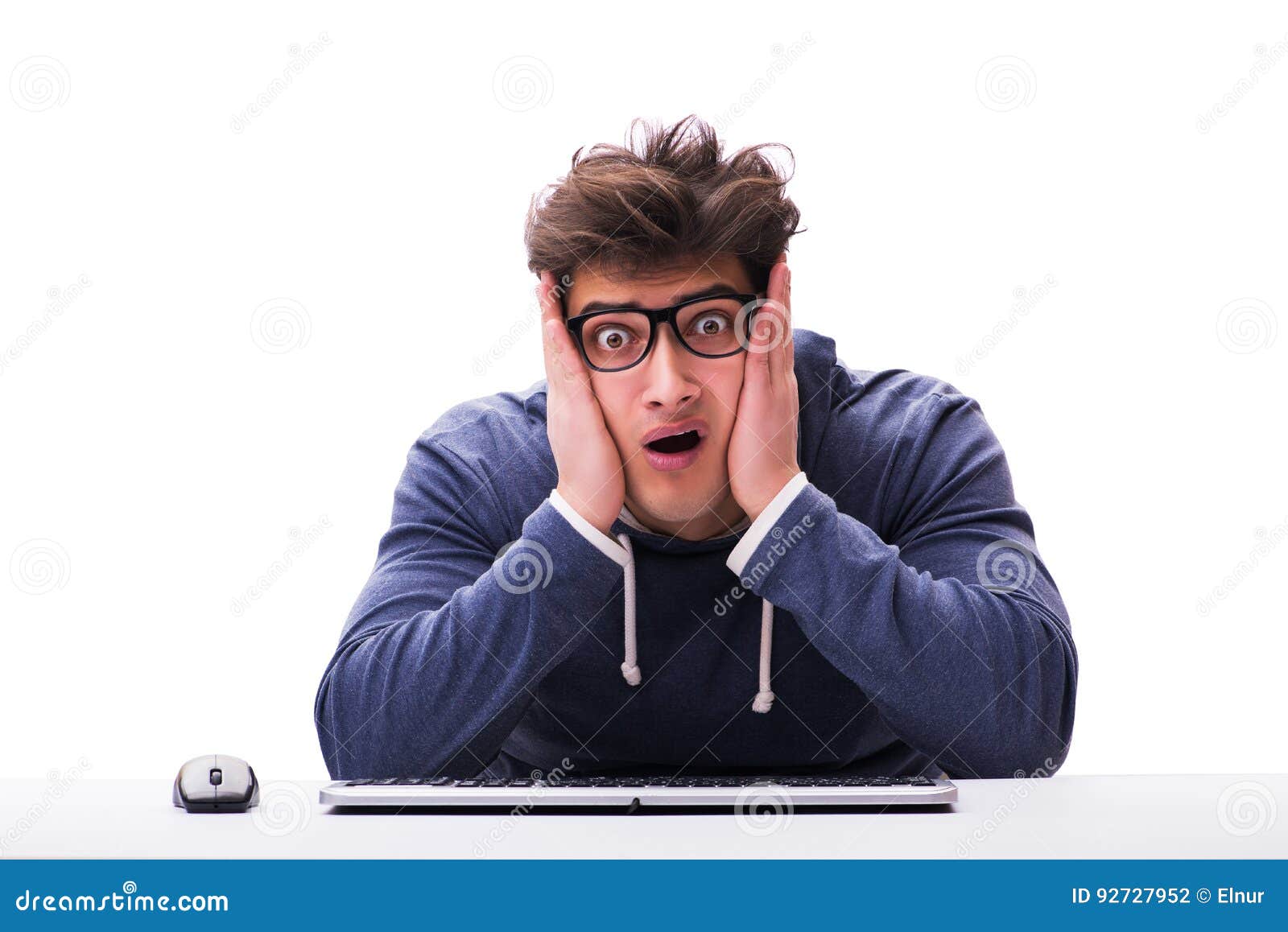 Funny Nerd Man Working on Computer Isolated on White Stock Photo ...