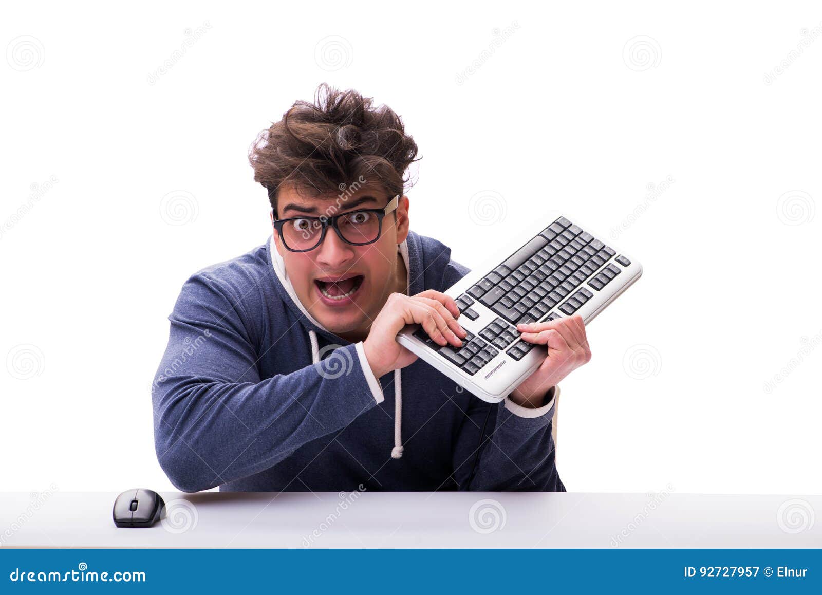 Funny Nerd Man Working on Computer Isolated on White Stock Image ...