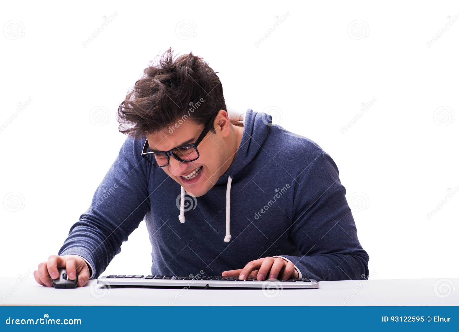 Funny Nerd Man Working on Computer Isolated on White Stock Image ...