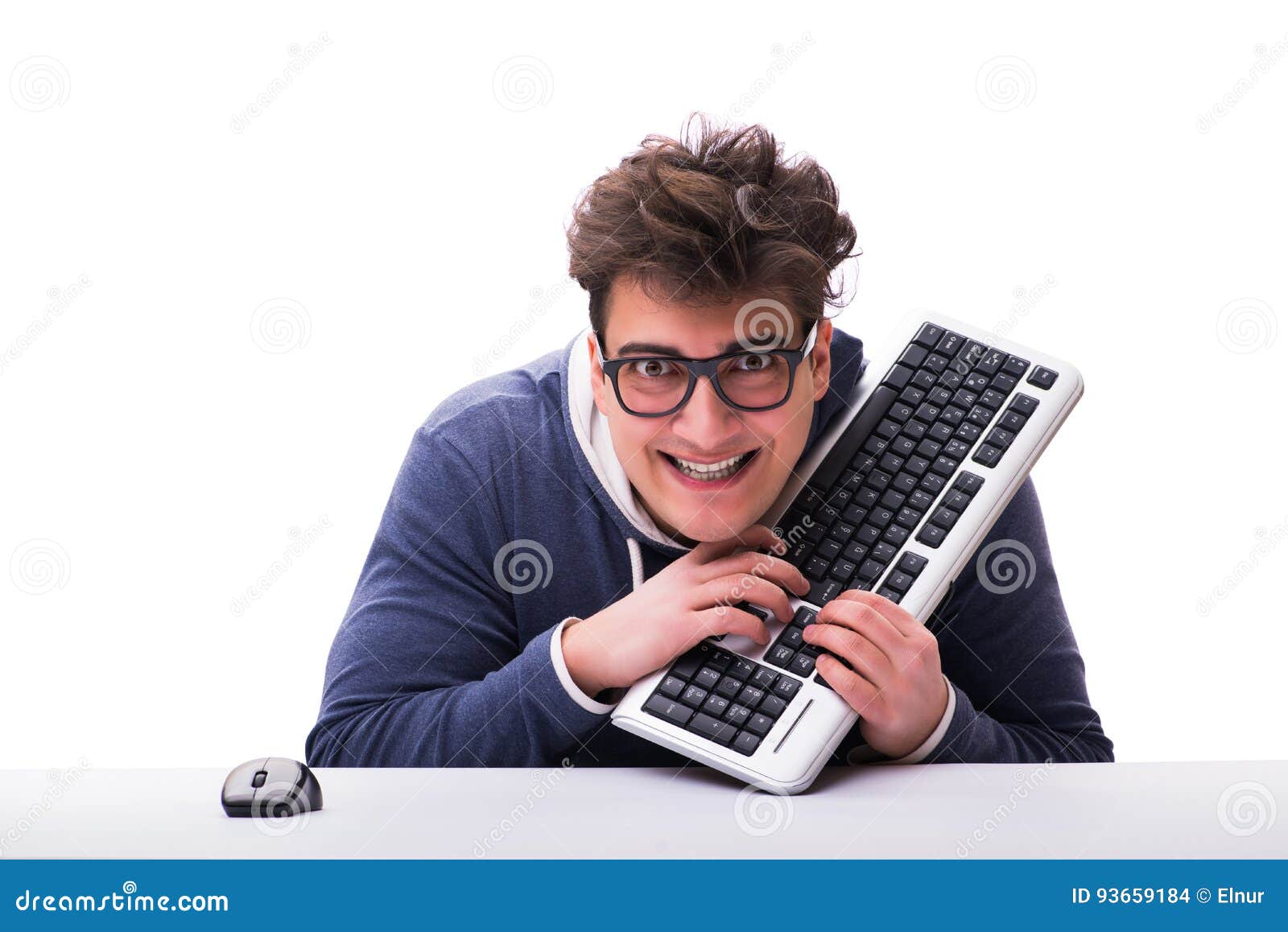 Funny Nerd Man Working on Computer Isolated on White Stock Photo ...