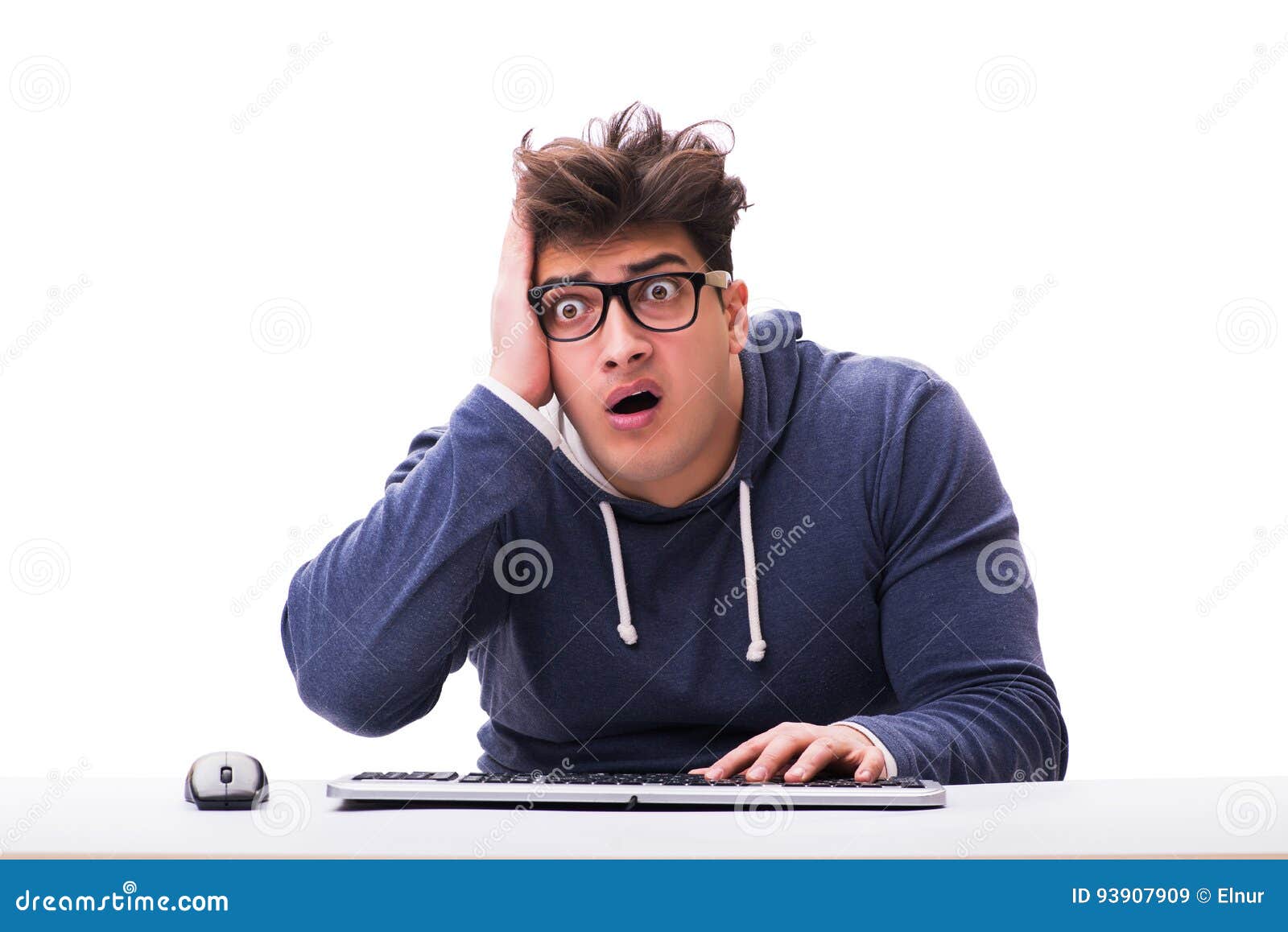 Funny Nerd Man Working on Computer Isolated on White Stock Image ...