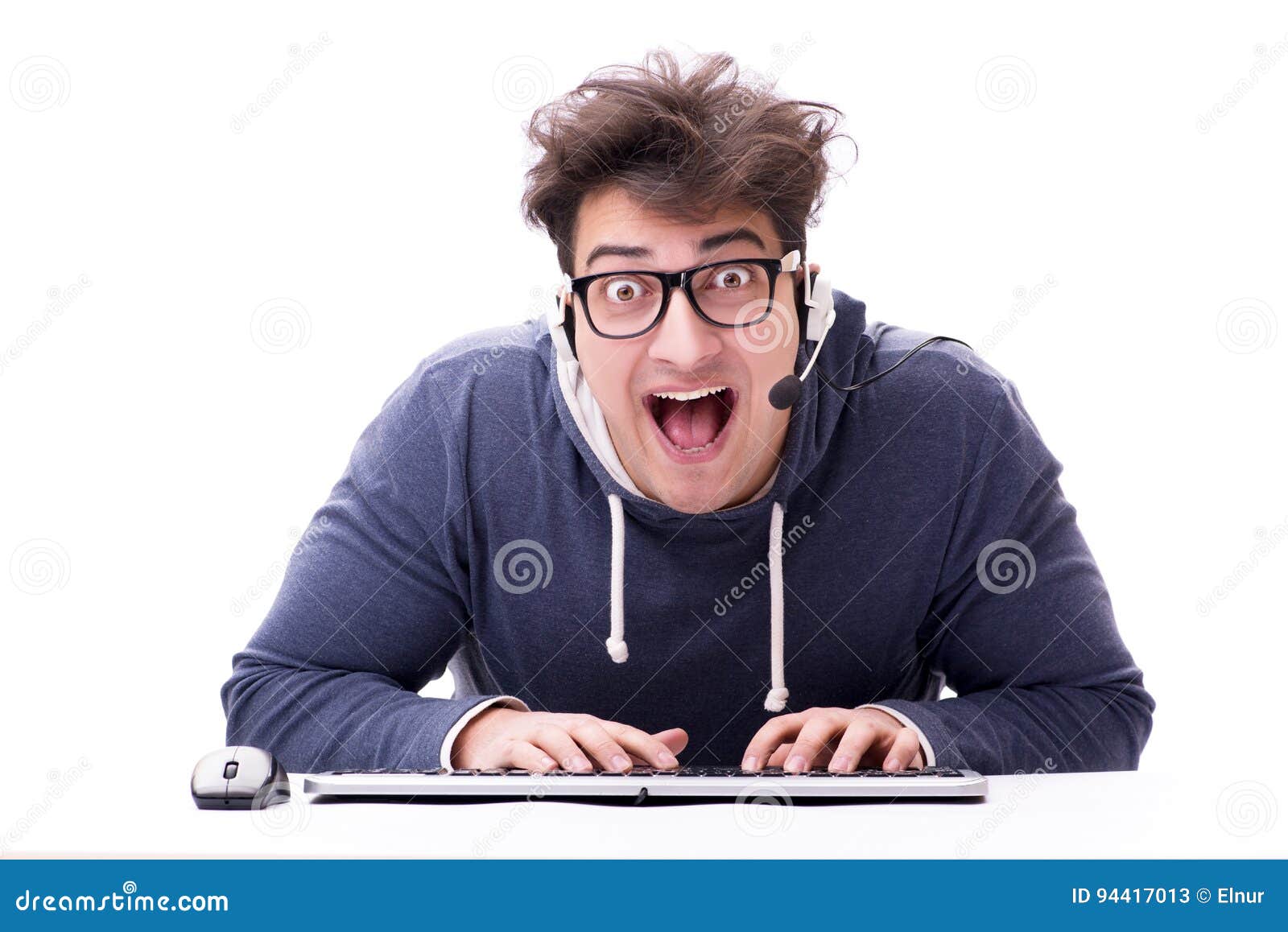 The Funny Nerd Man Working on Computer Isolated on White Stock Image ...