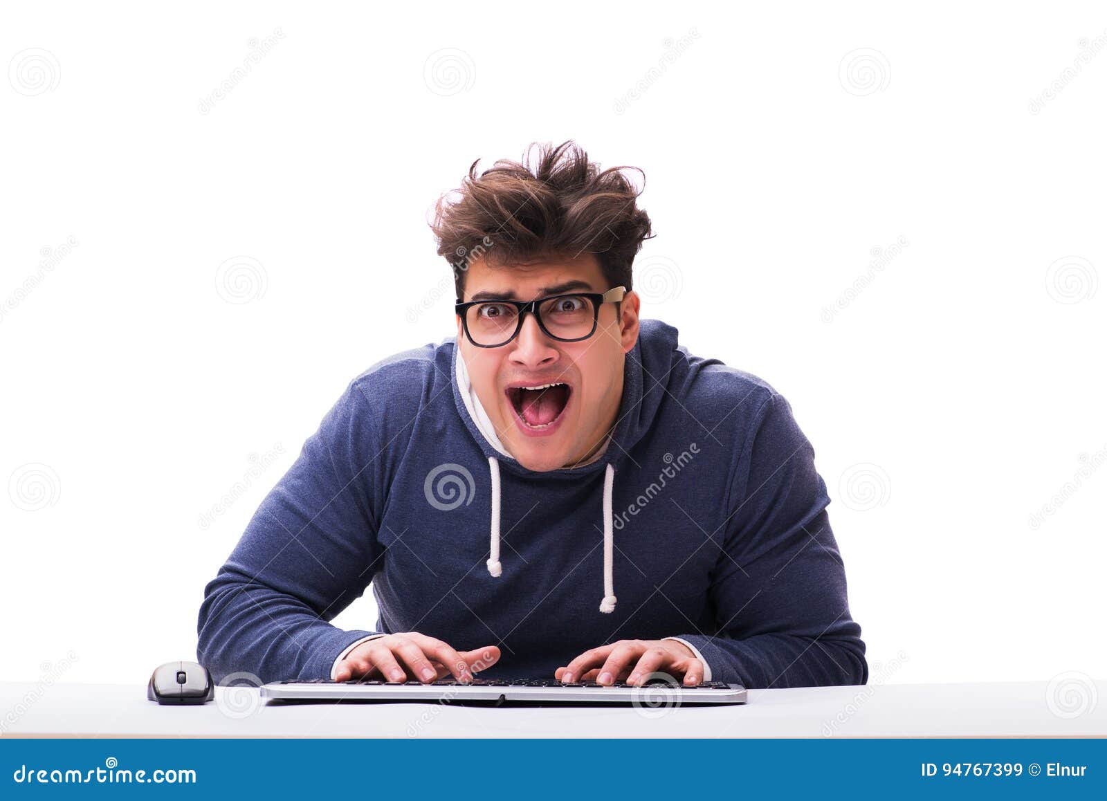 Funny Nerd Man Working on Computer Isolated on White Stock Image ...