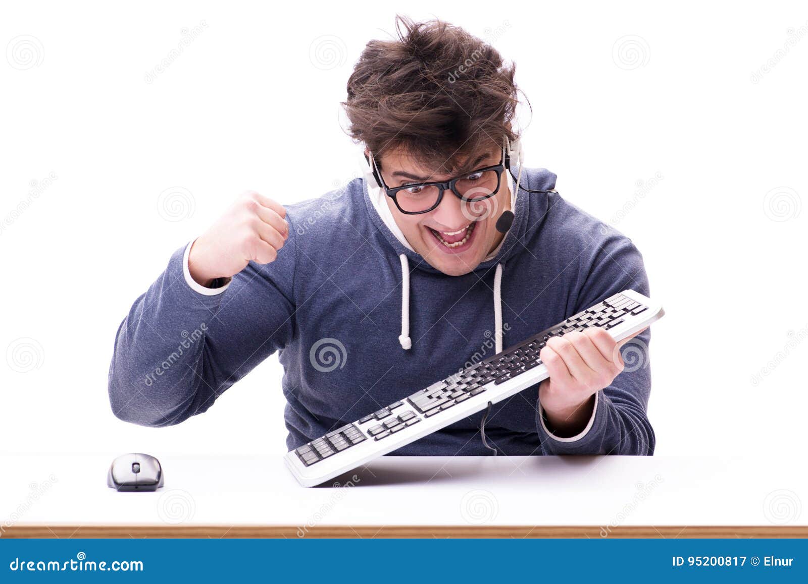 Funny Nerd Man Working On Computer Isolated On White Stock Image