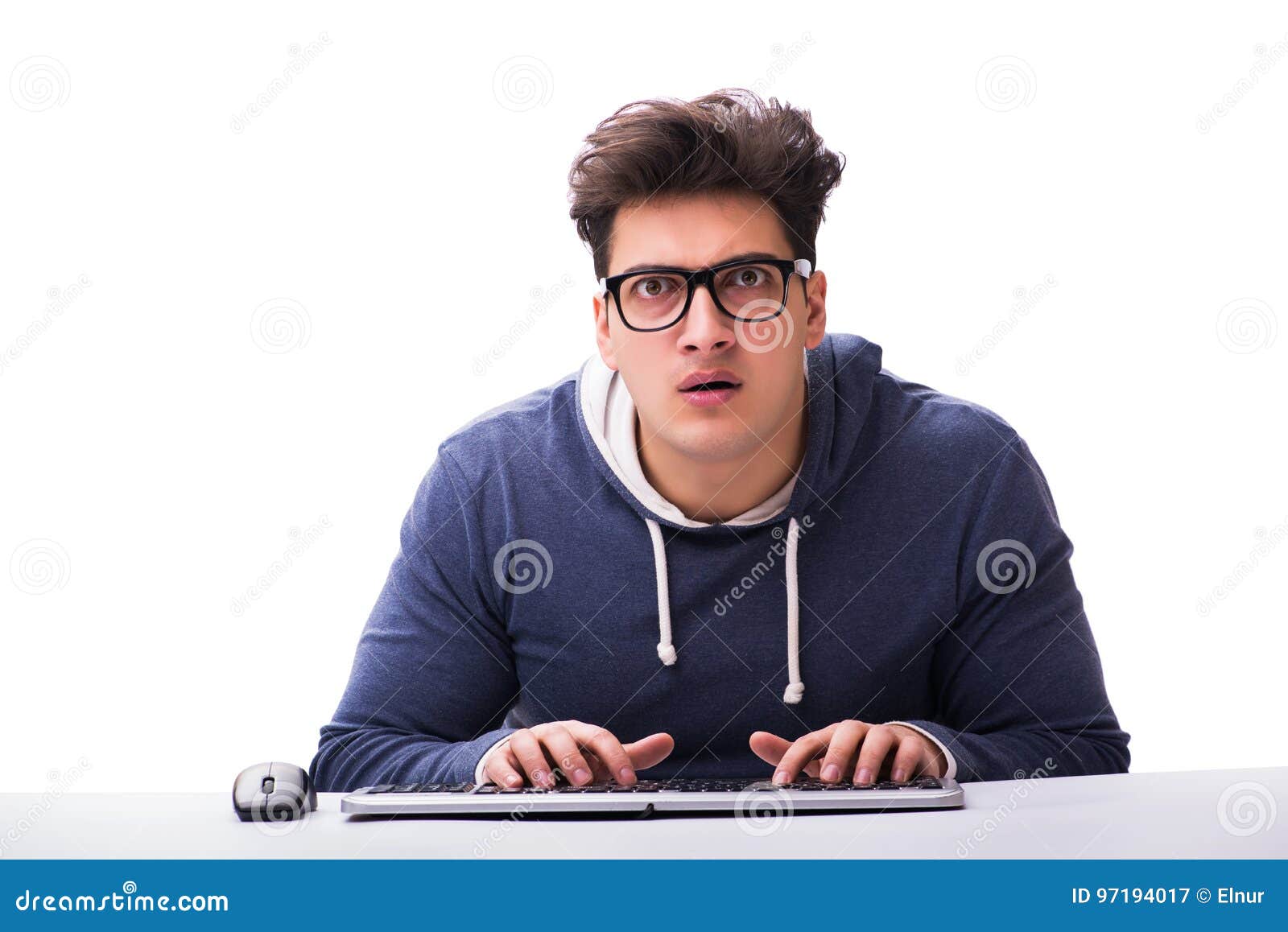 Funny Nerd Man Working on Computer Isolated on White Stock Image ...