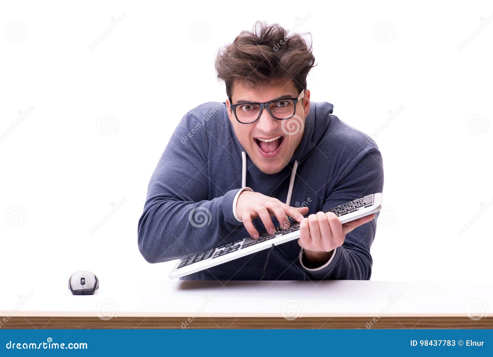 Funny Nerd Man Working On Computer Isolated On White Stock Image