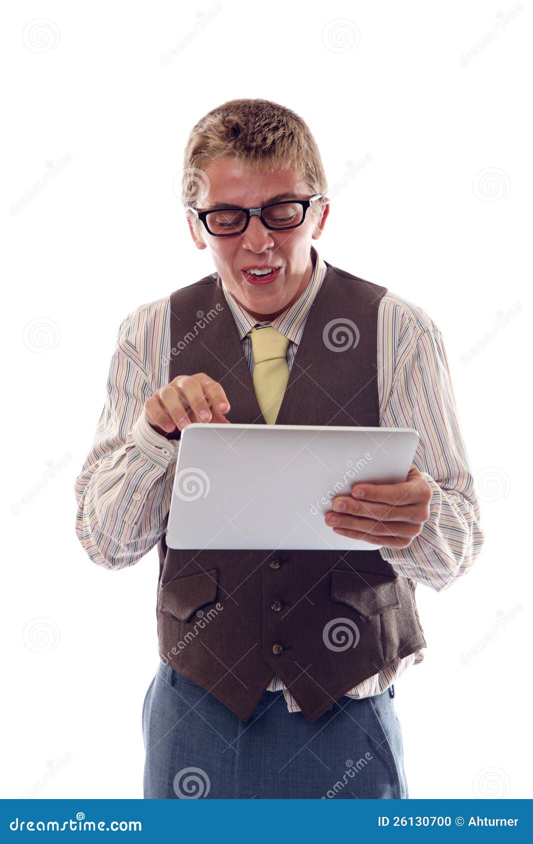 Funny Nerd Working with His Tablet Stock Photo - Image of people ...