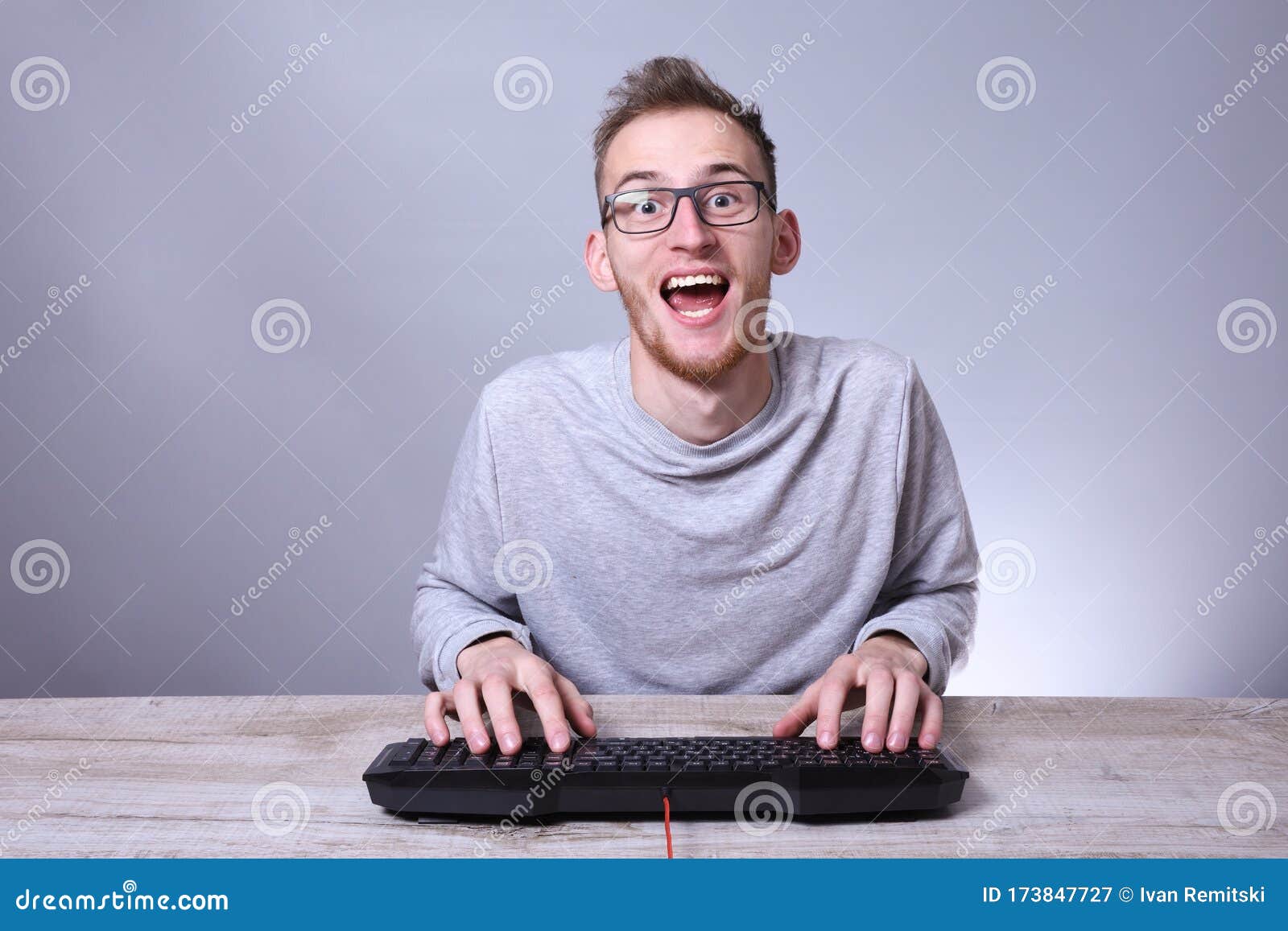 Funny Nerd Young Businessman Man Working On Computer Typing On The
