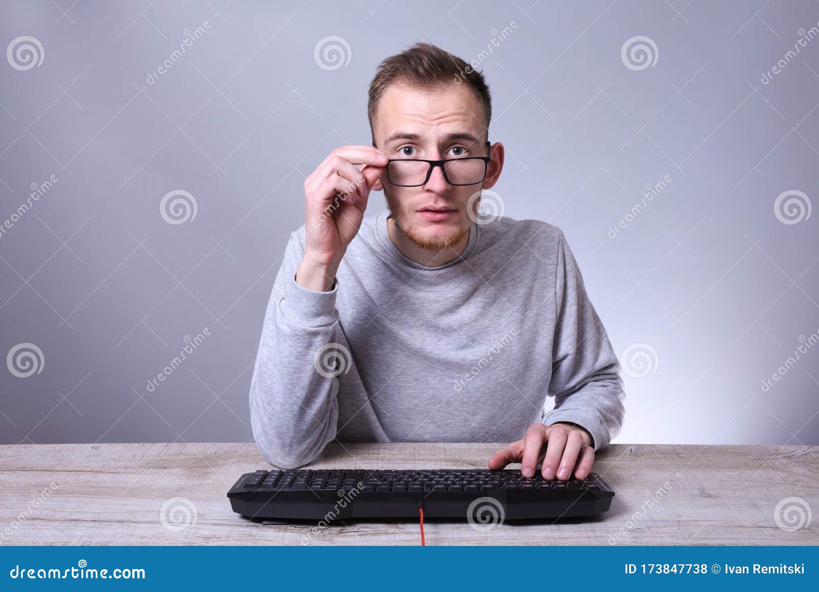 Funny Nerd Young Businessman, Man Working on Computer.Typing on the ...