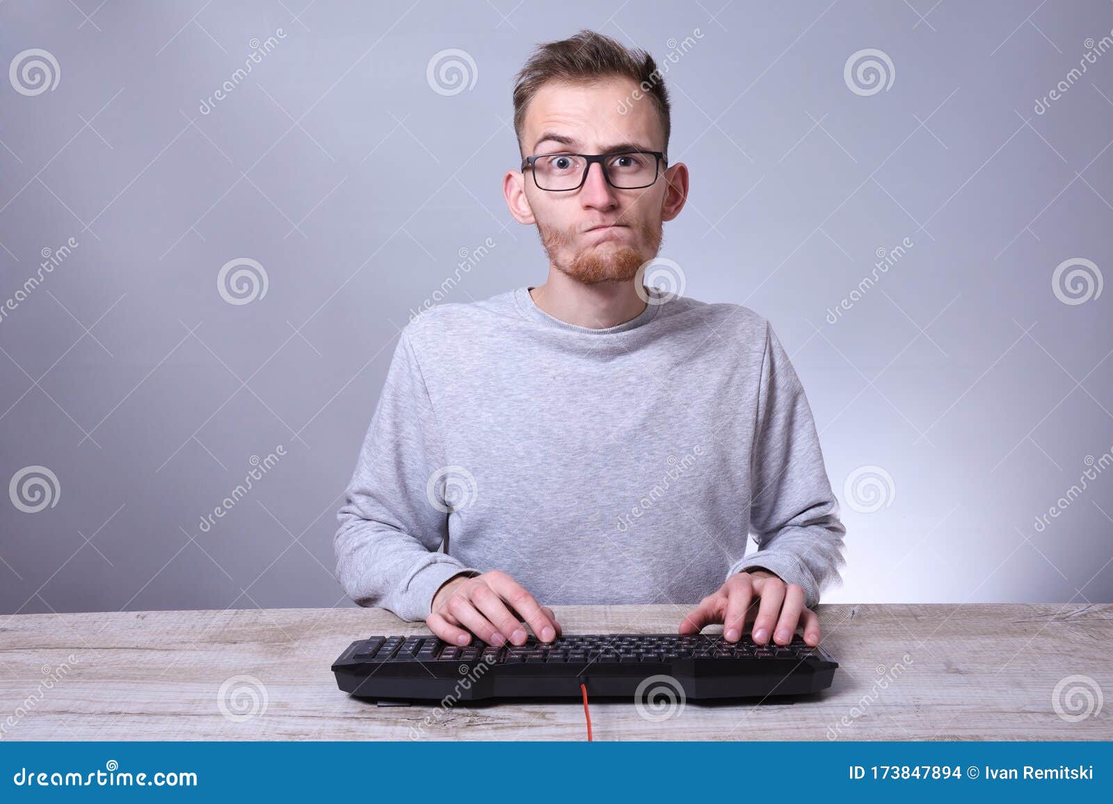 Funny Nerd Young Businessman, Man Working on Computer.Typing on the ...