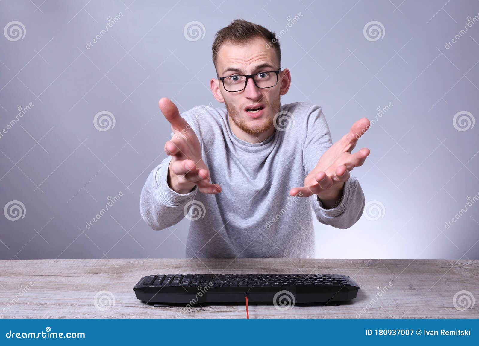 Funny Nerd Young Businessman, Man Working On Computer.Typing On The ...