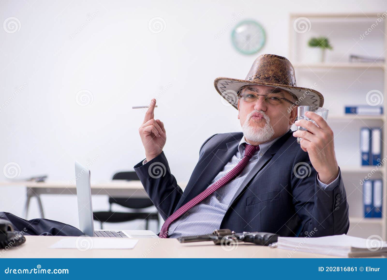 Funny Old Boss in Cowboy Hat in the Office Stock Image - Image of ...