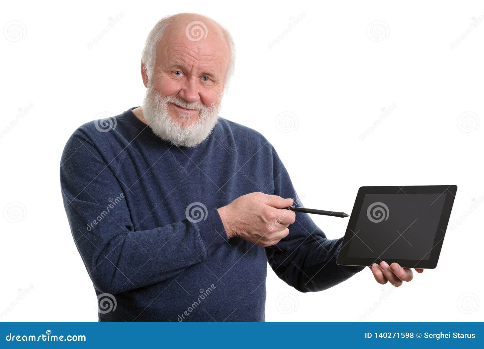 Funny Old Man Using Tablet Computer Isolated on White Stock Photo ...