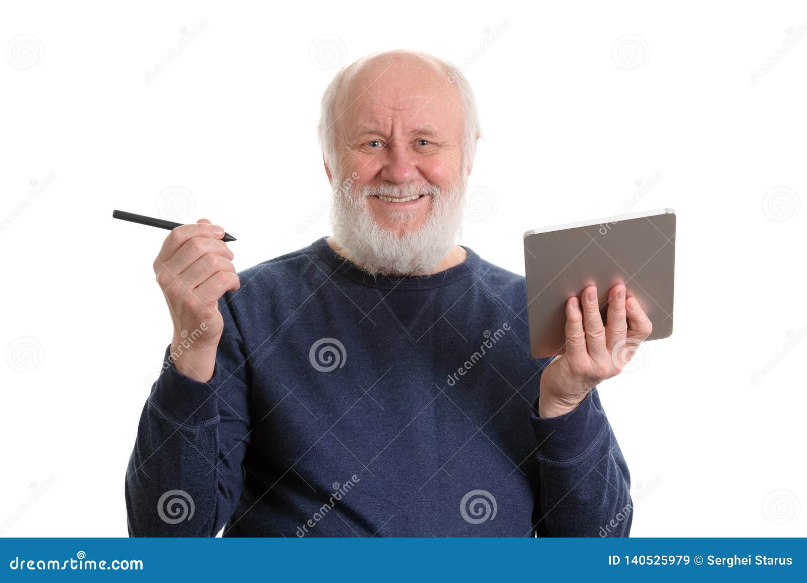 Funny Old Man Using Tablet Computer Isolated On White Stock Image