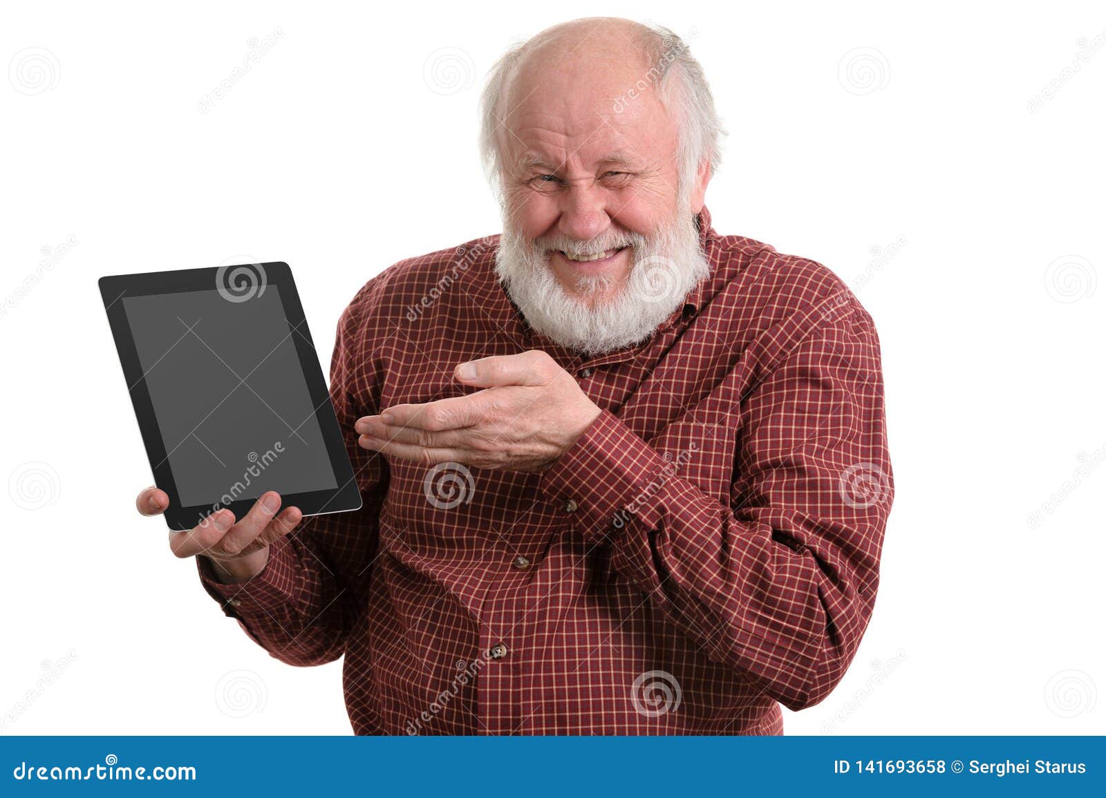 Funny Old Man Using Tablet Computer Isolated on White Stock Photo ...