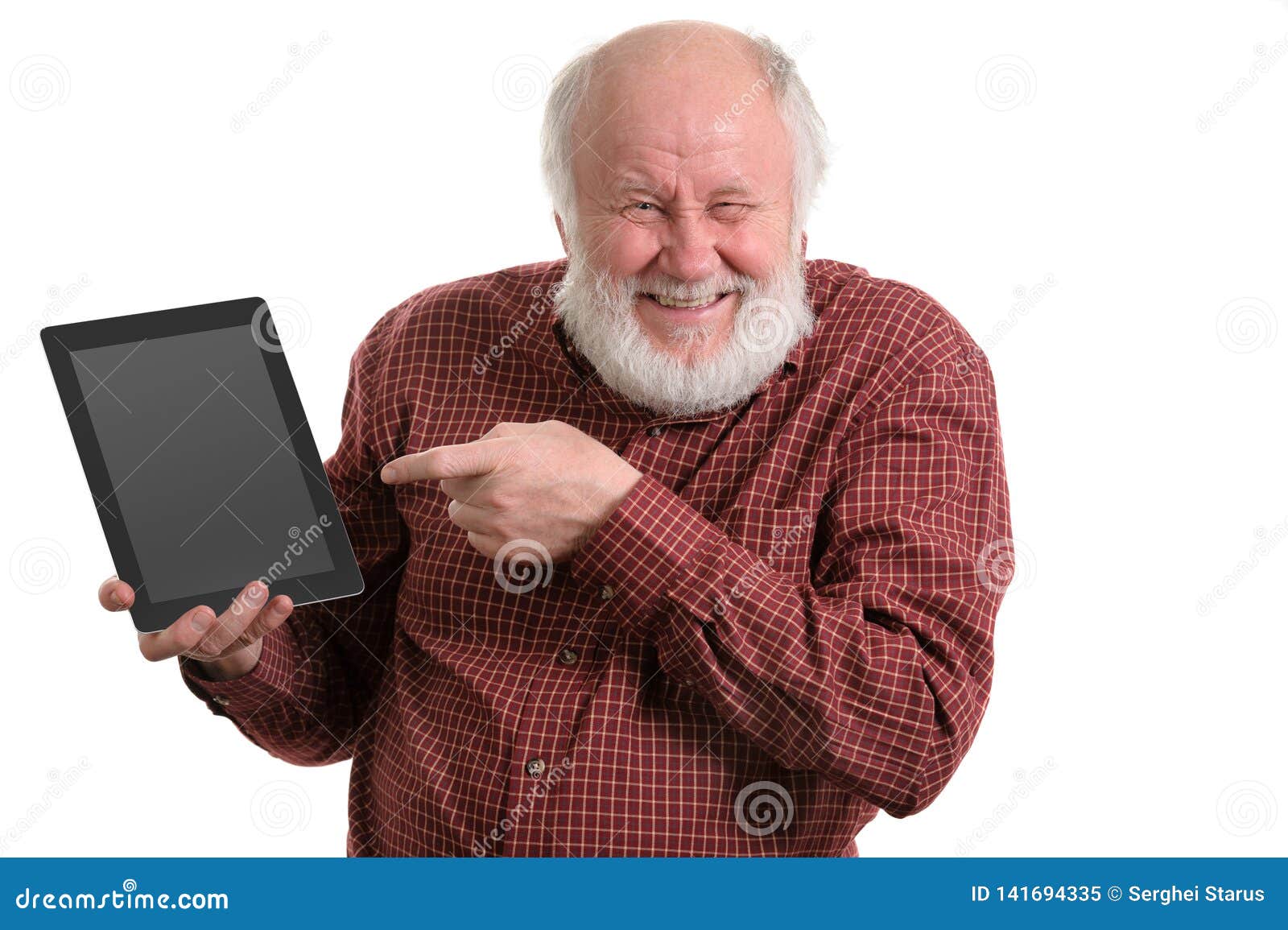Funny Old Man Using Tablet Computer Isolated on White Stock Image ...