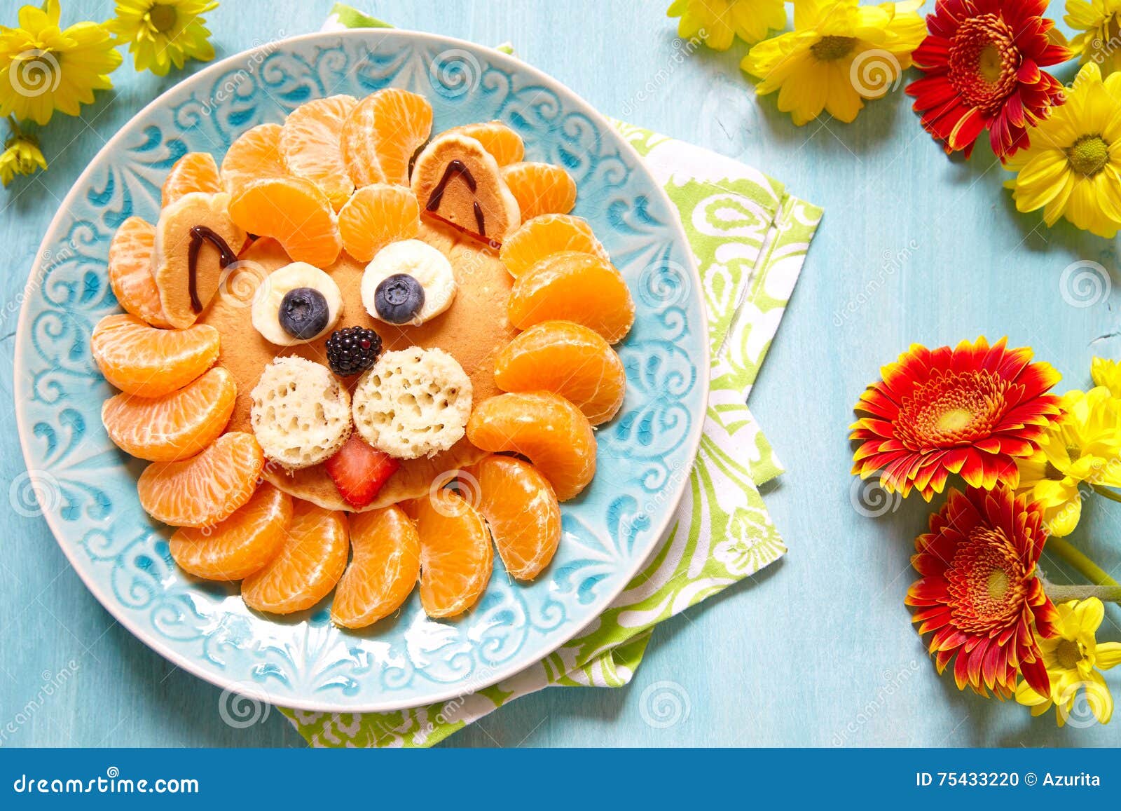 Funny Pancake Lion with Mandarins Stock Photo - Image of breakfast ...