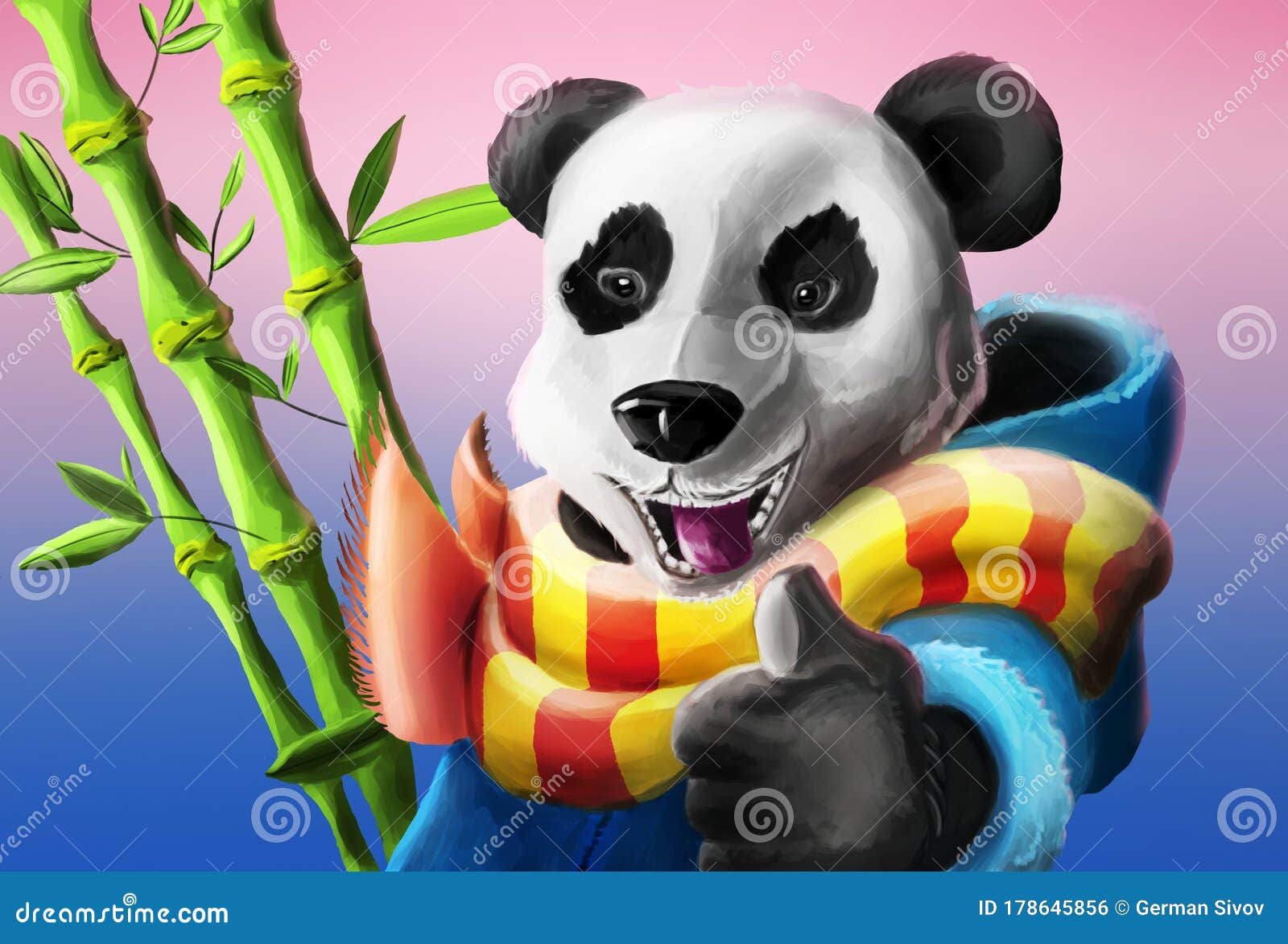 Funny Panda with Bamboo at Sunset Stock Illustration - Illustration of ...