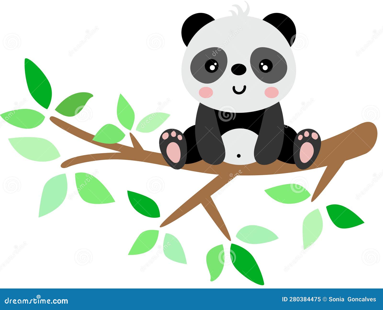 Funny Panda on Branch of Tree with Green Leaves Stock Vector ...