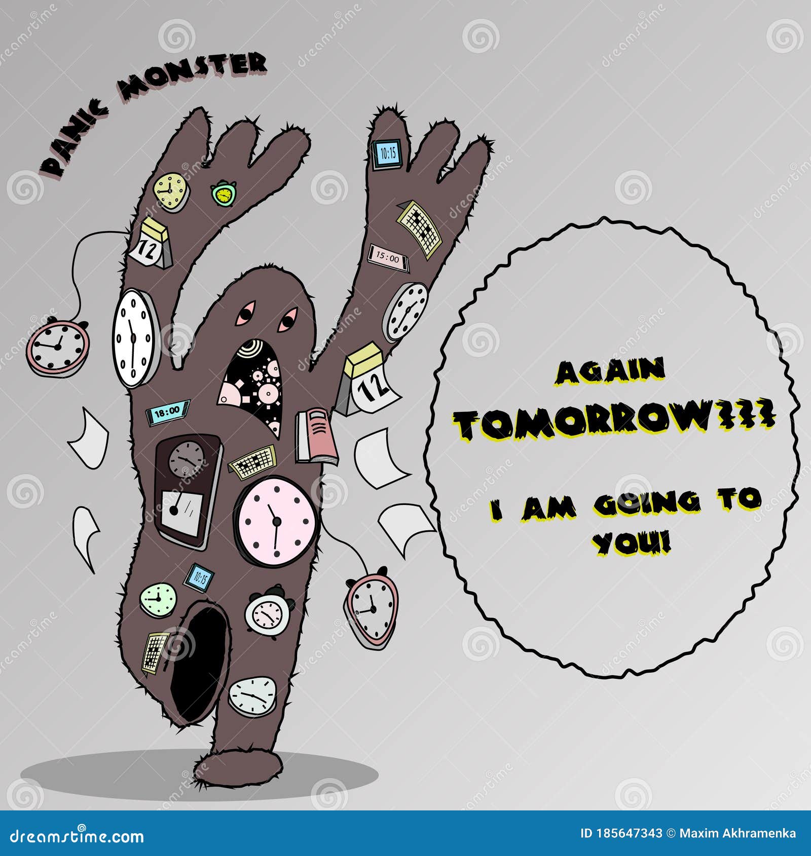 Funny Panic Monster Taking Time. Stock Vector - Illustration of late ...