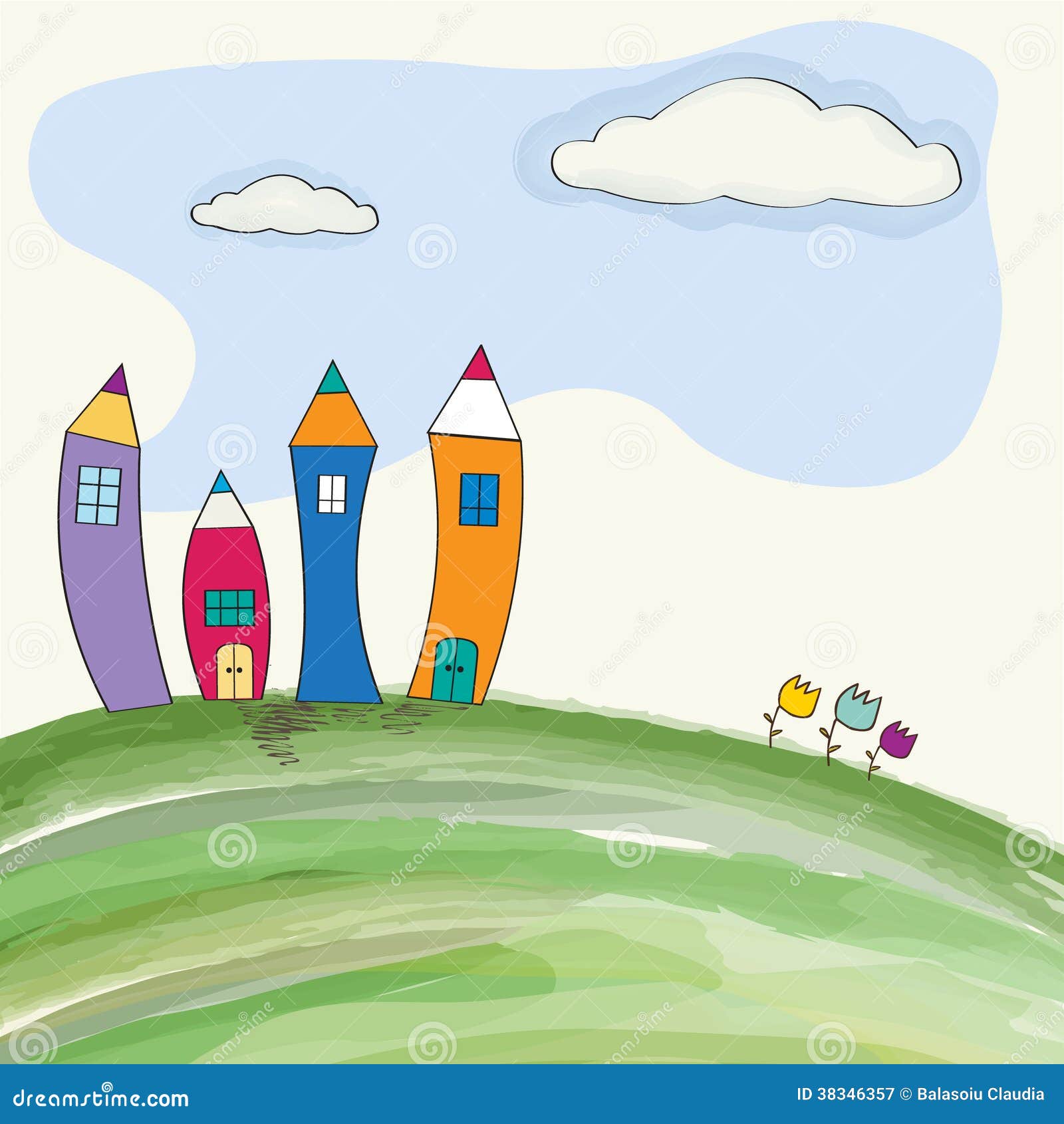 Funny pencil houses stock illustration. Illustration of doodle - 38346357